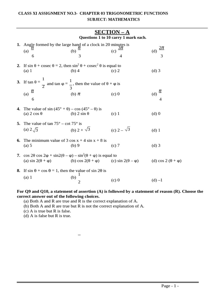 Maths-Class-Xi-Chapter-03-Trigonometric-Functions-Practice-Paper-03 WORD FILE | PDF ...