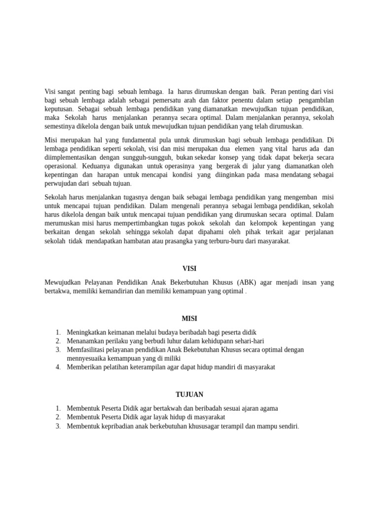 VISI, Misi Dan Tujuan SLB Autis Siti Nurdaya Soppeng | PDF