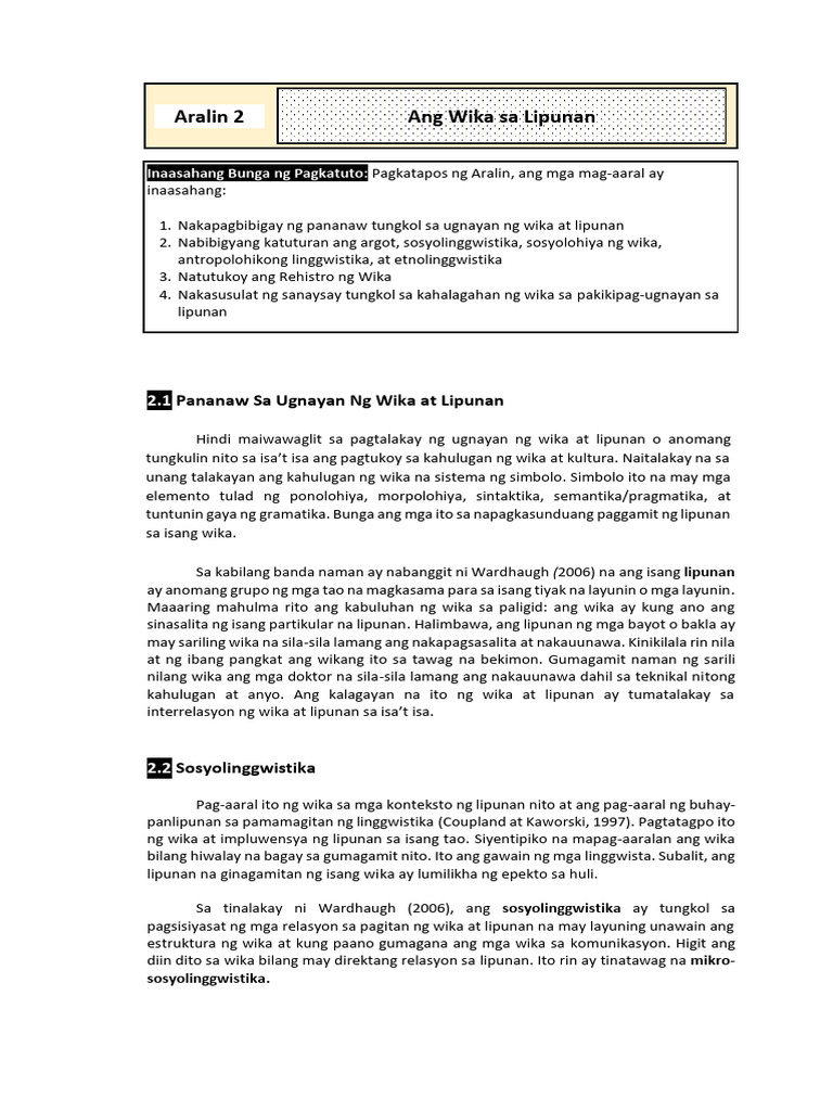 GE10 Aralin 2 Ang Wika Sa Lipunan | PDF