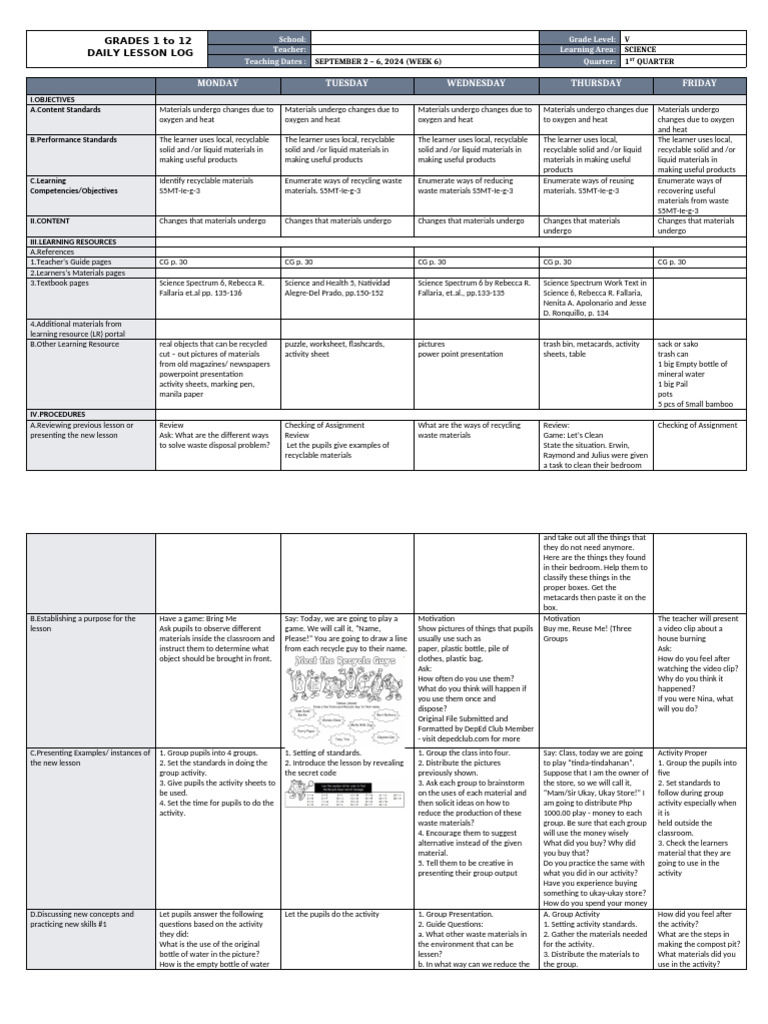 DLL - Science 5 - Q1 - W6 | PDF