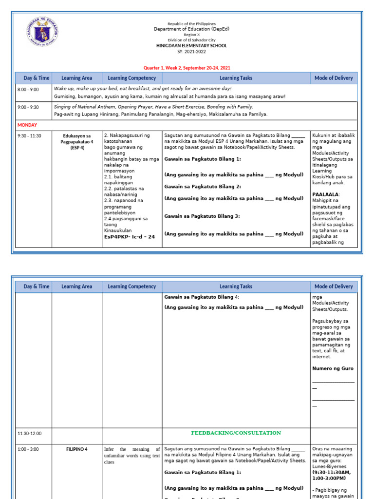 Grade 4 - All Subjects - WHLP - Q1 - W2 | PDF