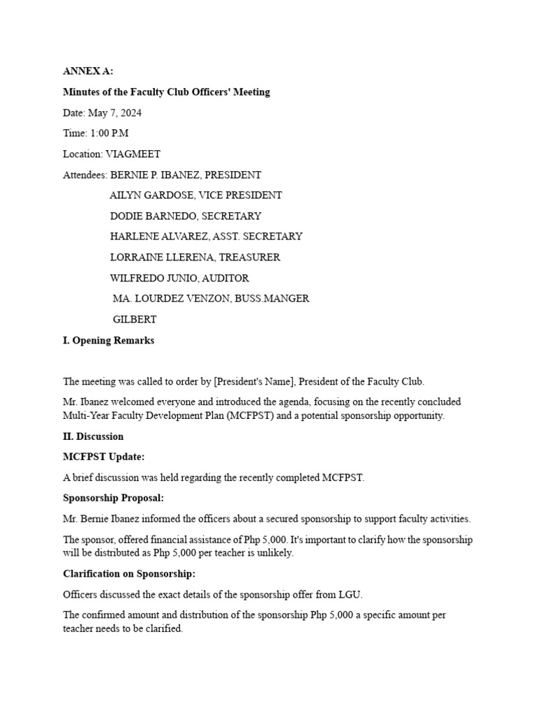 Annex A: Minutes of The Faculty Club Officers' Meeting | PDF