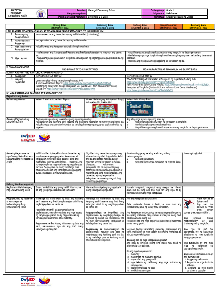 Makabansa Lesson Plan: Week 6 Grade 1 | PDF