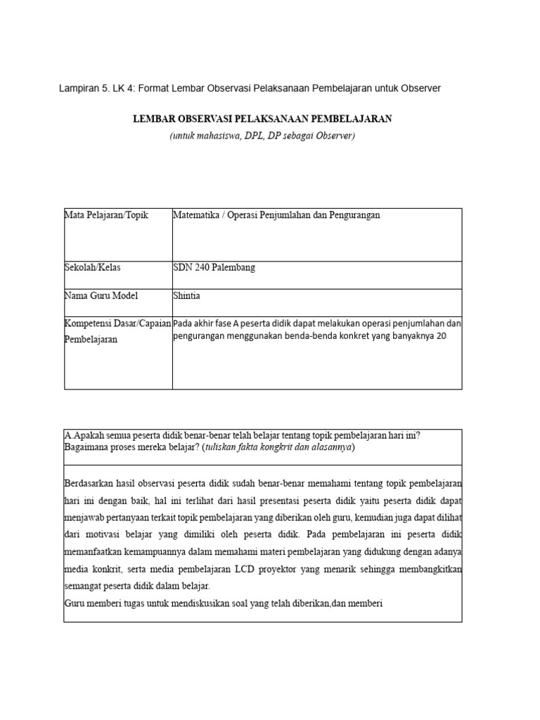 Lampiran 5. LK 4-Lembar Observasi Pembelajaran Observer | PDF