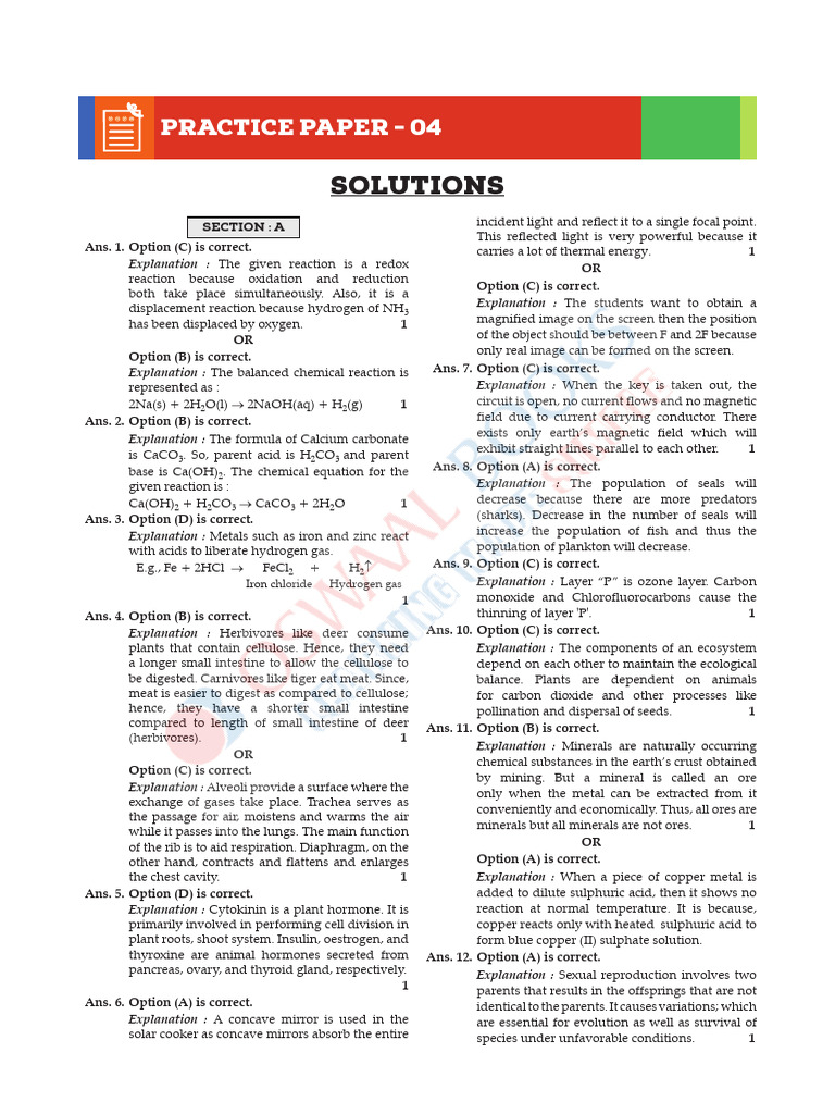 C1653226233aoswaal CBSE 10th Science - Practice Paper-4 | PDF