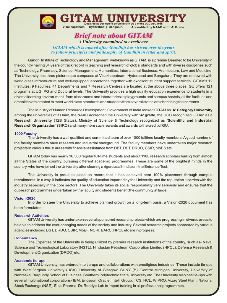 1 - A Brief Note About GITAM | PDF