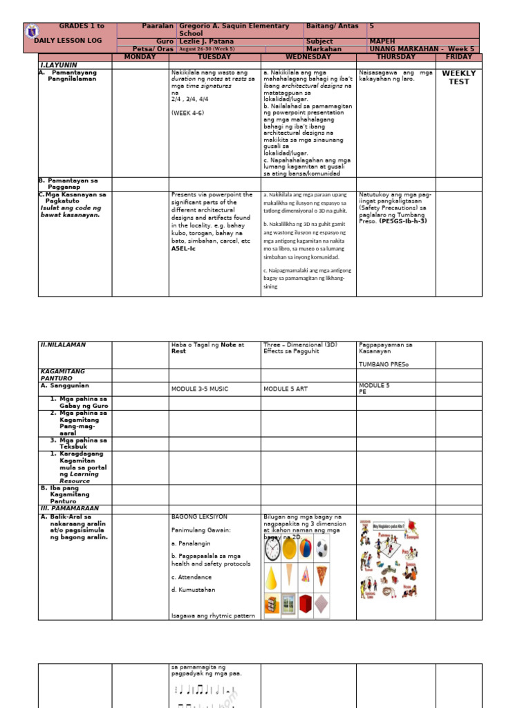 DLL Week 5 Mapeh | PDF