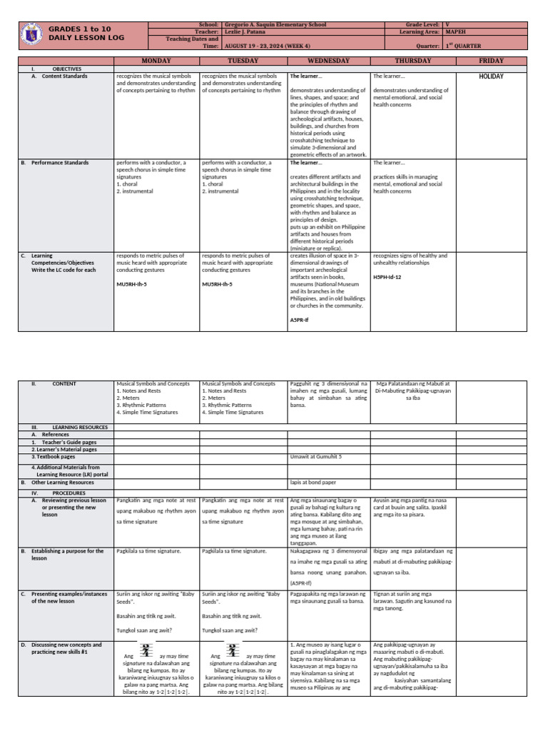 DLL - Mapeh 5 - Q1 - W4 | PDF
