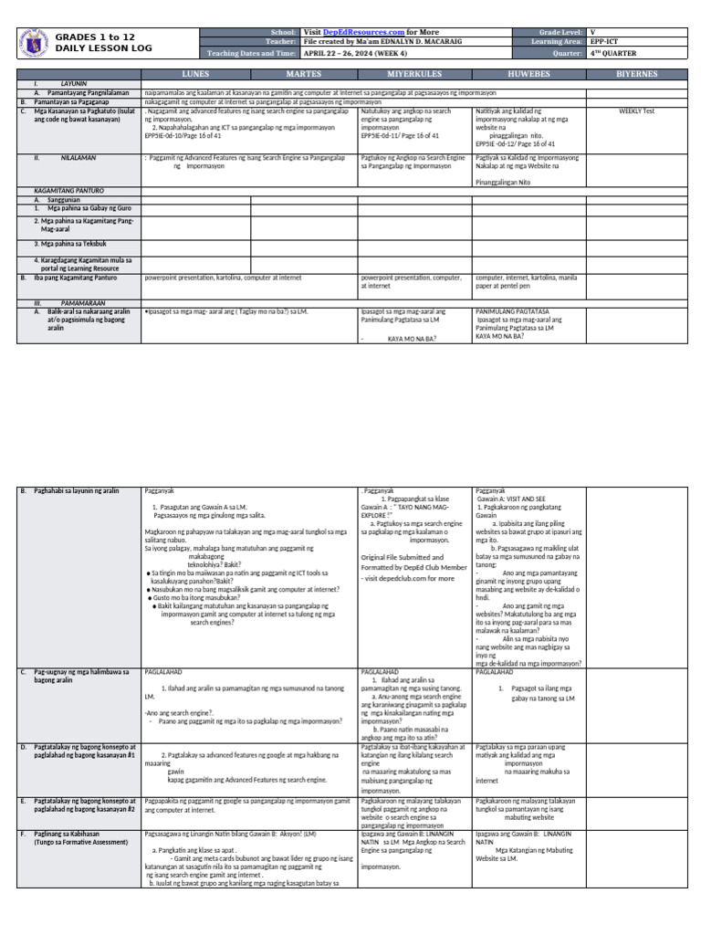 DLL - Epp 5 - Q4 - W4 | PDF