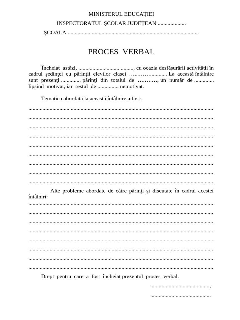 Proces Verbal Sedinta Cu Parintii Editabil | PDF