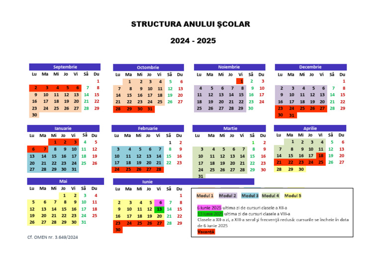 Structura Anului Scolar 20242025 CF Ome 3.649 2024 | PDF