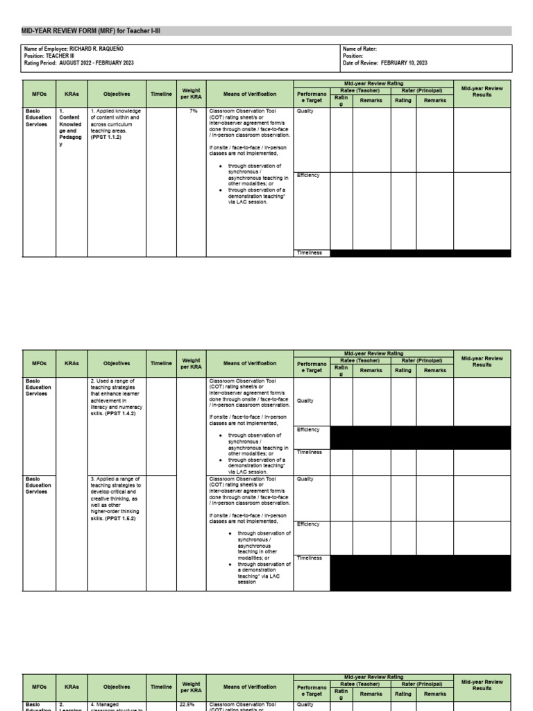 Mid-Year Review Form for Teachers 2022-2023 | PDF | Learning | Teachers