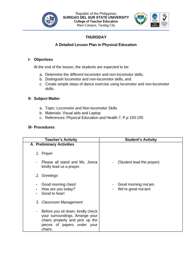 PE Lesson: Locomotor Skills | PDF | Physical Education