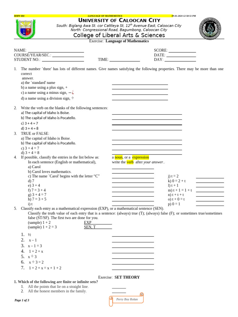 3 Lang of Math Exercises New 2023 | PDF