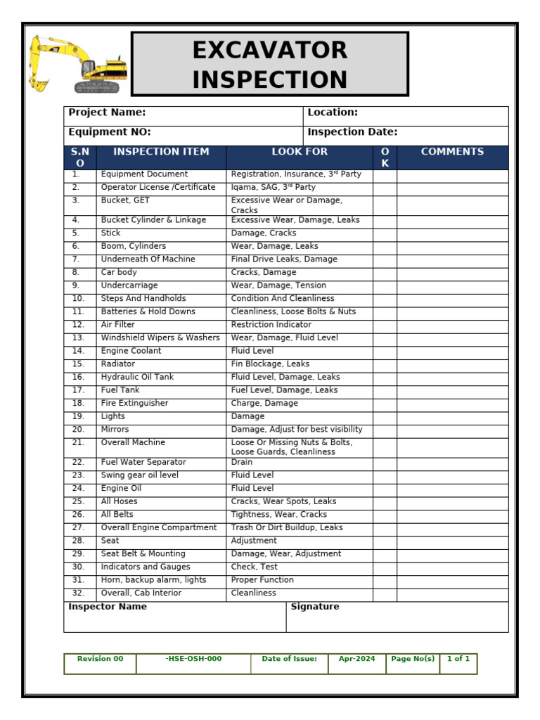 Excavator Daily Inspection Checklist | PDF | Leak | Business