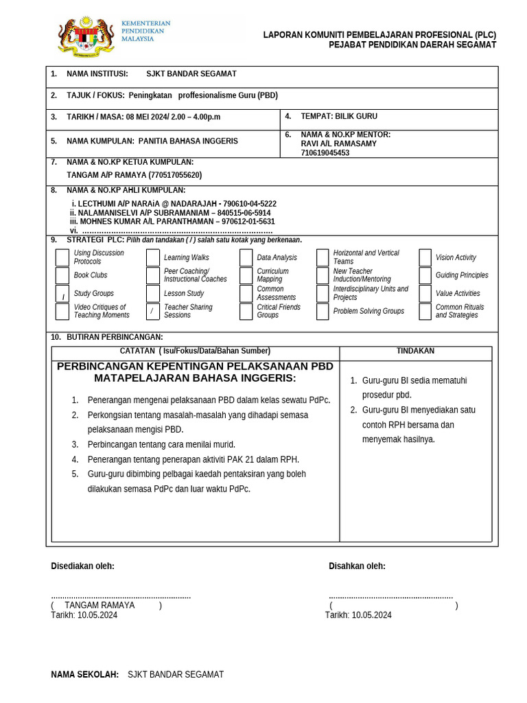 Laporan PLC Bahasa Inggeris PBD 2 (2024) | PDF