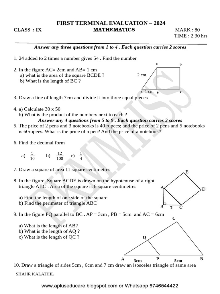 A+ Blog - Std-9-Mathematics-first Terminal Model Question Paper (Em) | PDF
