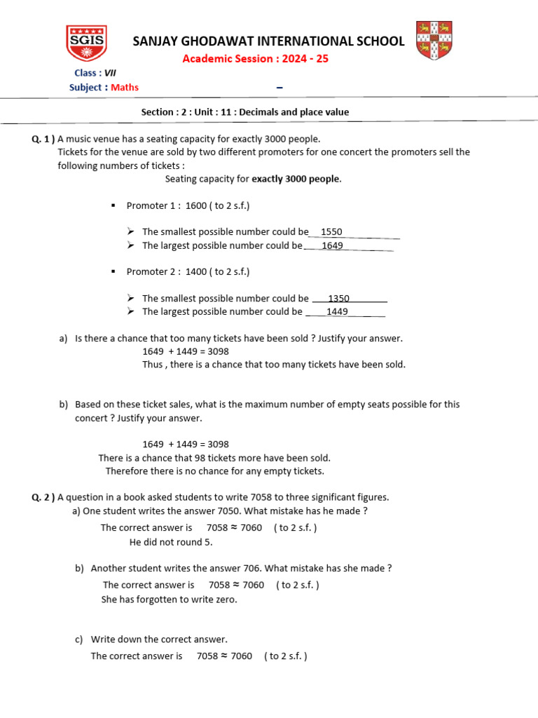 MATH WORKSHEET - 1 Ans. Key | PDF