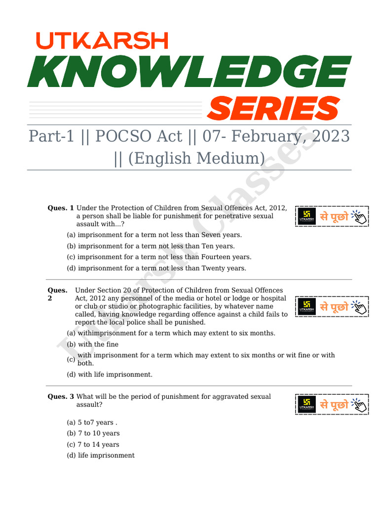 Part-1 POCSO Act 07 - February, 2023 (English Medium) | PDF