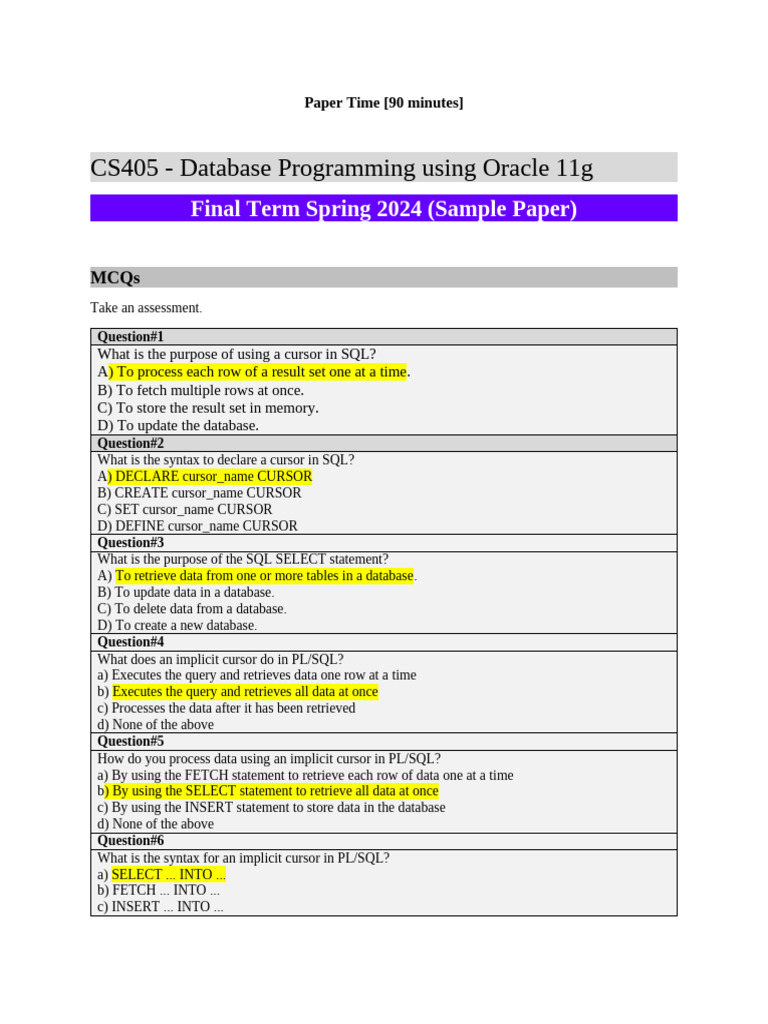 Oracle 11g Database Programming MCQs | PDF | Pl/Sql | Computers