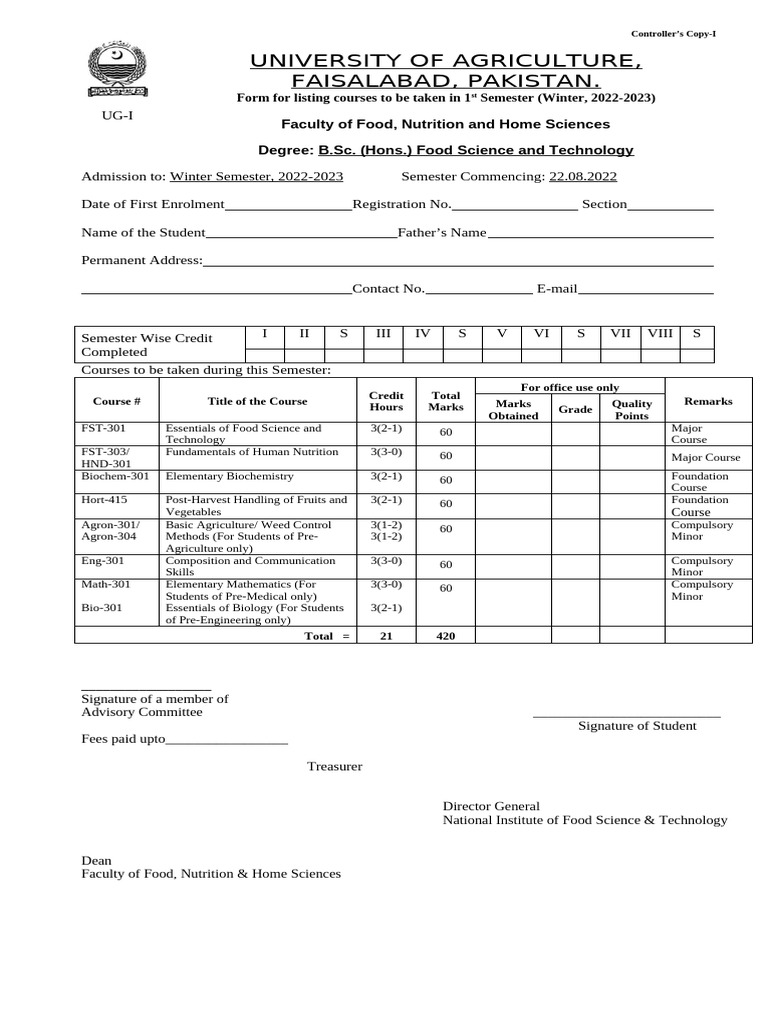 UG-I Form FST 1st Semester Winter 2021-22 | PDF