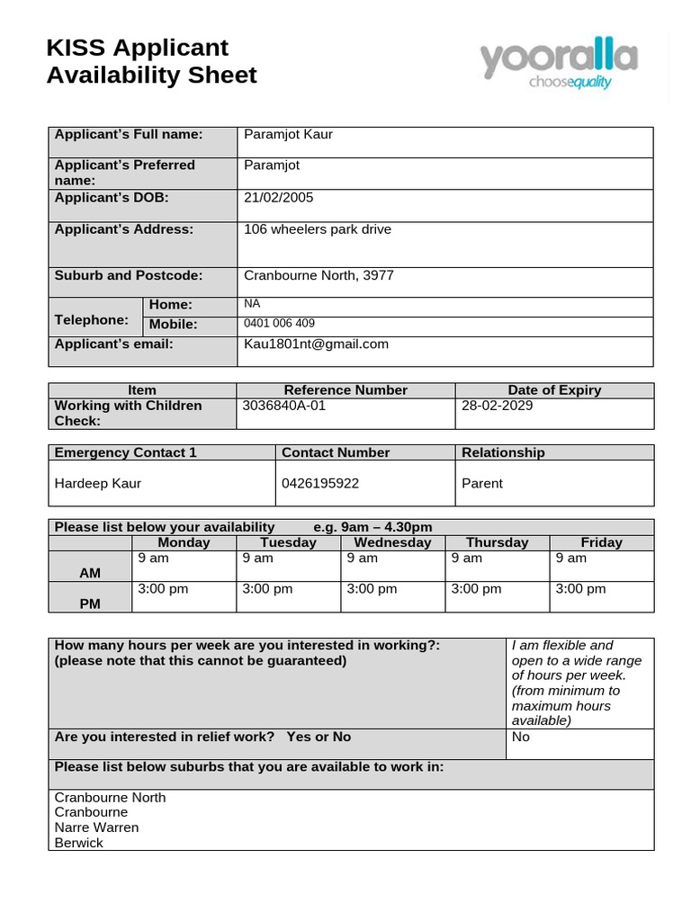 KISS Applicant Availability Sheet | PDF