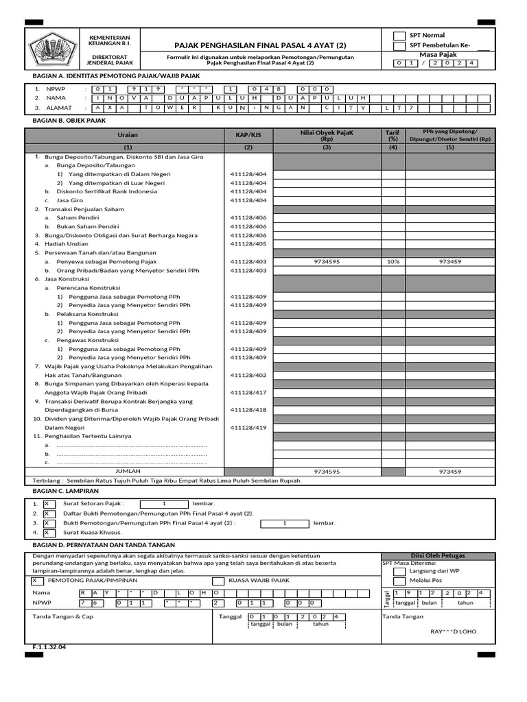 Form SPT Masa PPH Pasal 4 Ayat 2 Bukti Potong | PDF