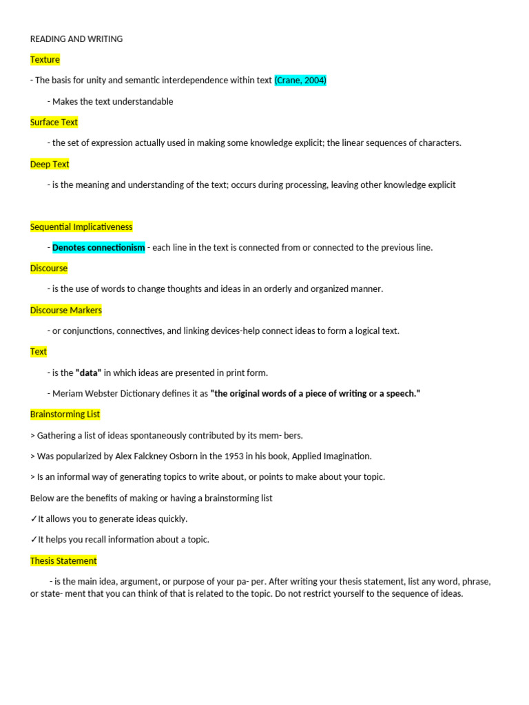 Reading and Writing Reviewer | PDF | Thought | Discourse