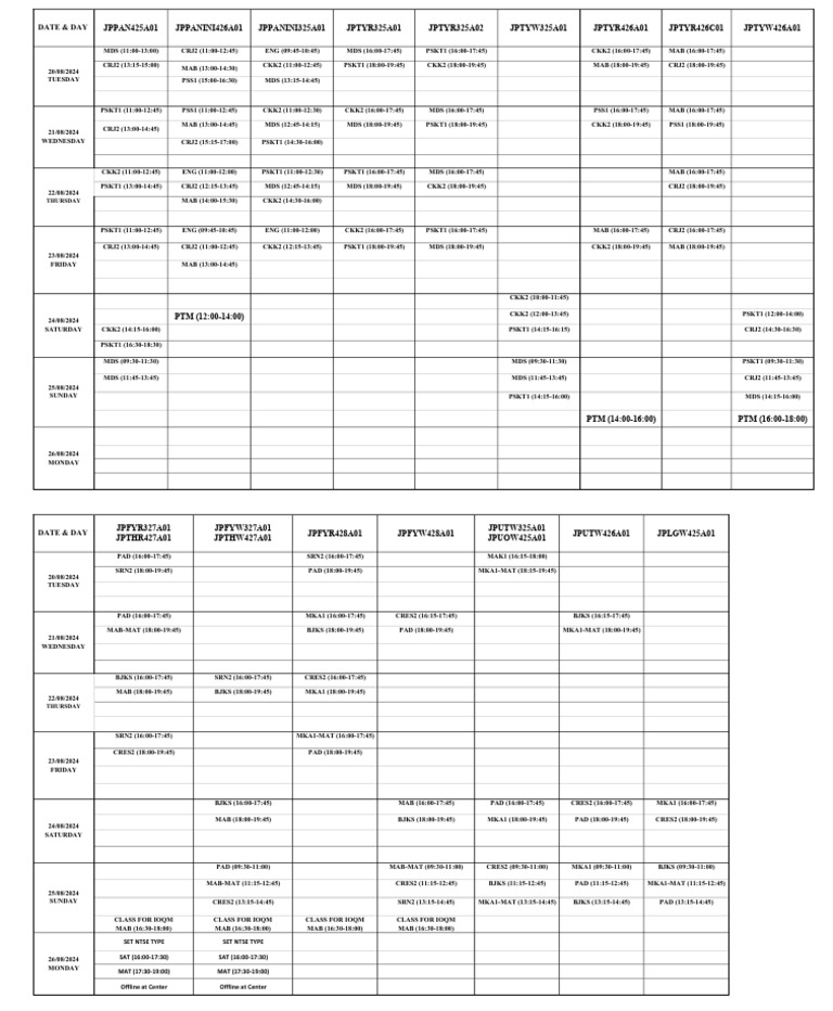 Revised Time Table 20-08-2024 To 26-08-2024 | PDF