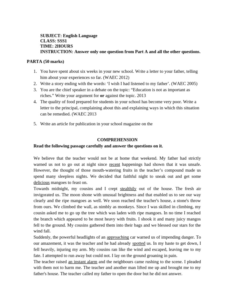 SSS1 ENGLISH FIRST TERM Examination | PDF