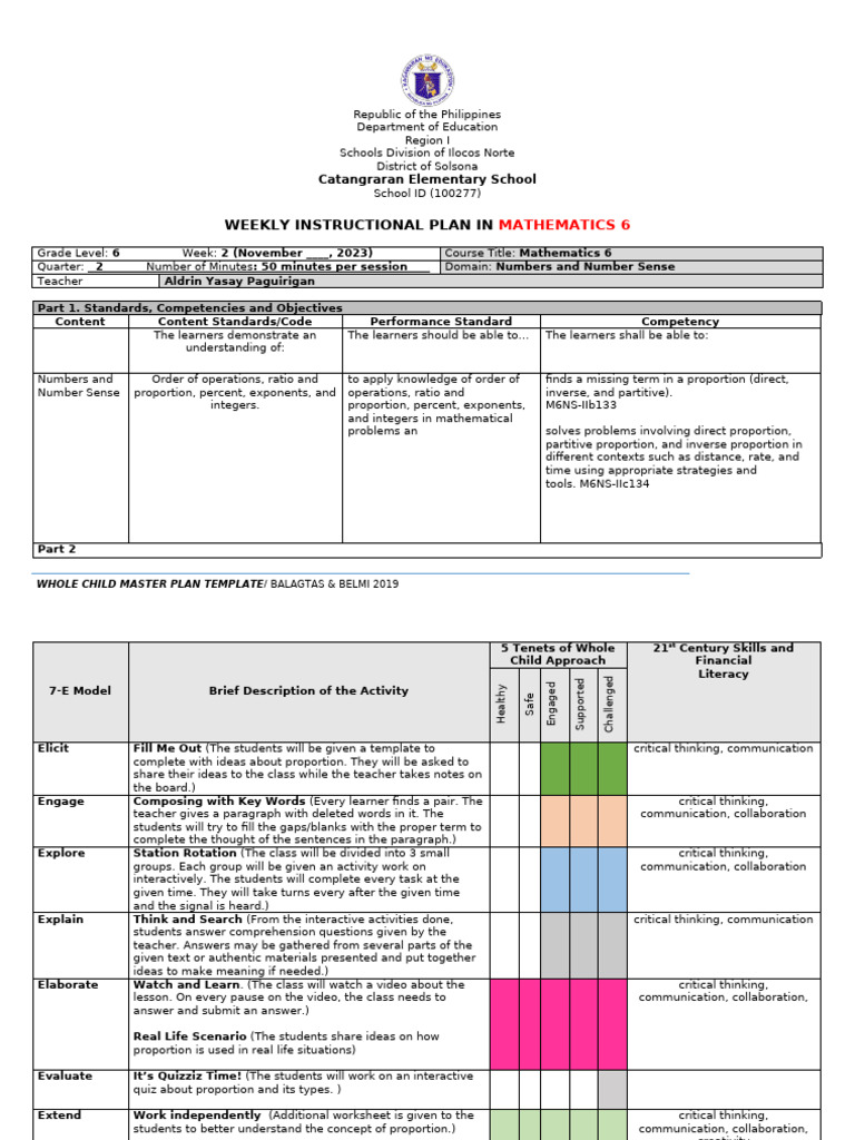 7E Lesson Plan - G6 MATH Q2 Week 2 Proportion | PDF | Thought ...
