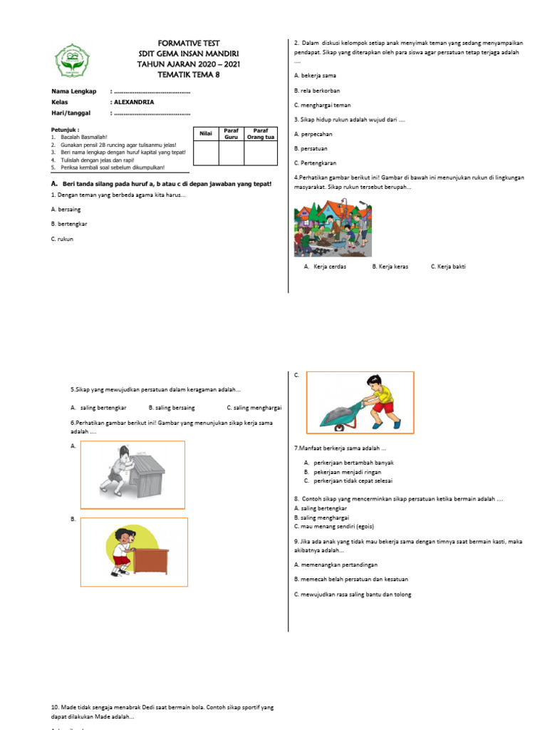 Formative Test on Unity and Cooperation | PDF