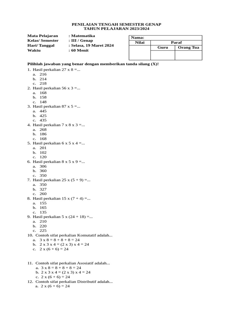 Soal PTS MTK Kelas 3 2024 | PDF