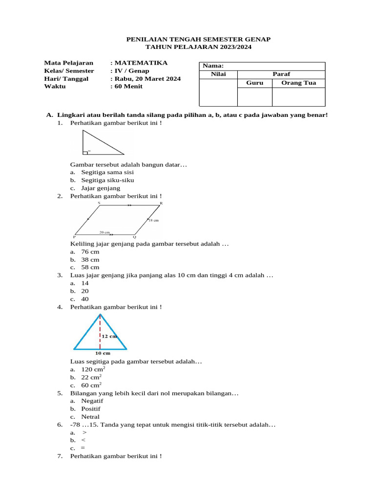 Soal PTS Matematika Kelas 4 Semester Genap TP 2023-2024 | PDF