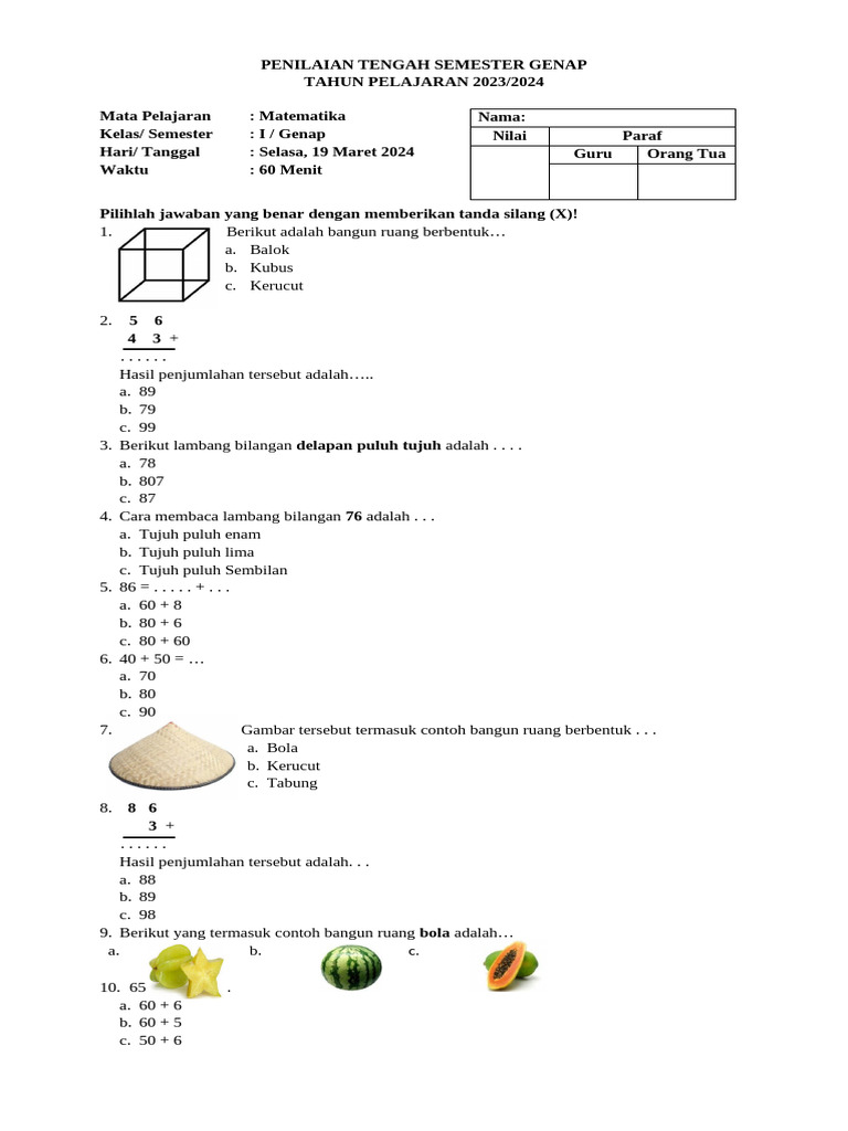 Soal PTS MTK Kelas 1 2024 | PDF