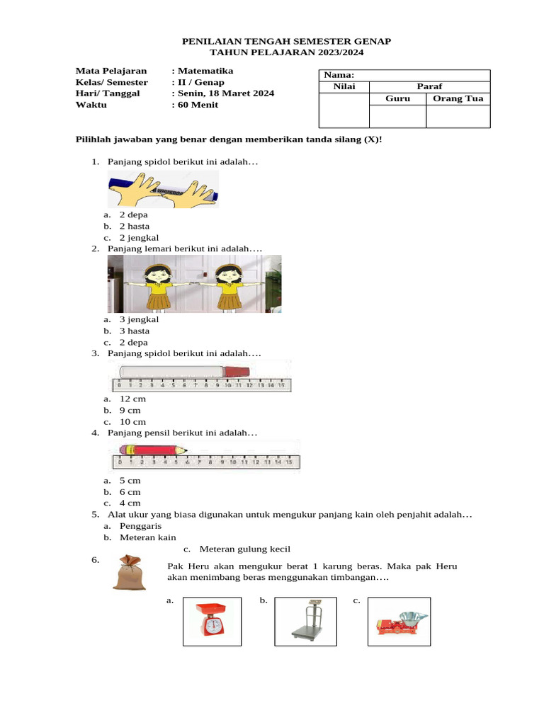 Soal PTS MTK Kelas 2 2024 | PDF