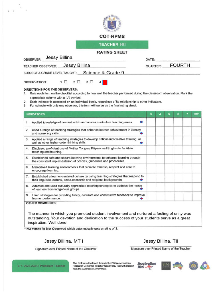 COT Rating Sheets Proficient and Highly Proficient - FOURTH QUARTER | PDF