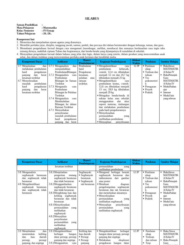 Silabus Matematika Kelas 4 SEM 2 v1 | PDF