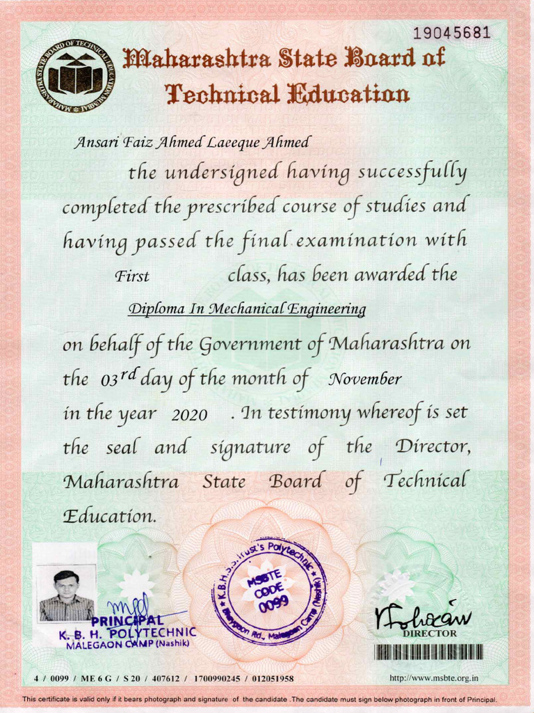Diploma Passing Certificate - 1 | PDF