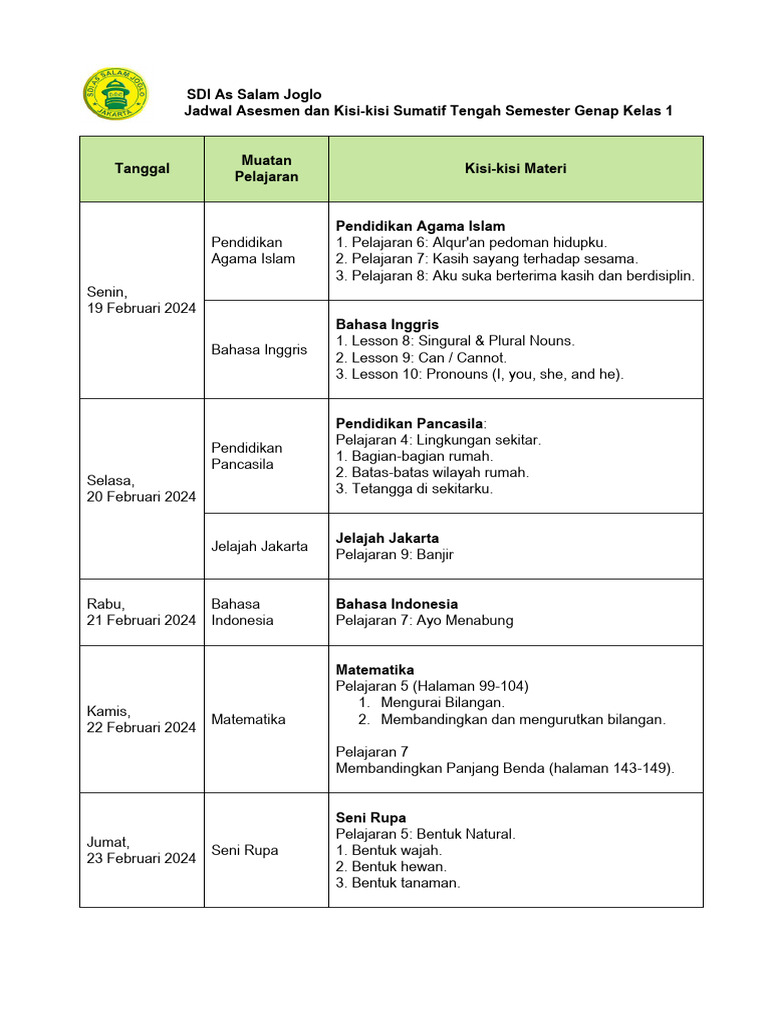 Jadwal Dan Kisi-Kisi Sumatif Tengah Semester Genap 2024 | PDF