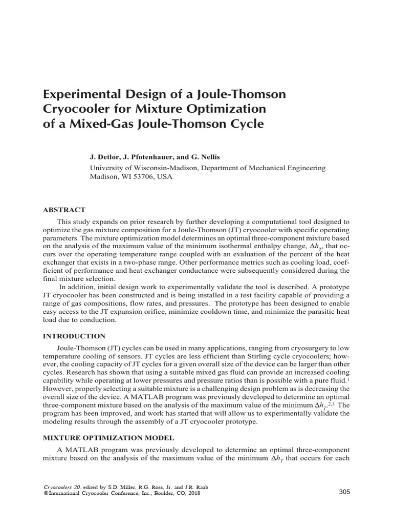 Experimental Design of A Joule-Thomson Cryocooler For Mixture Optimization of A Mixed-Gas Joule ...