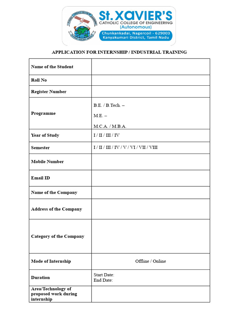 SXCCE Internship Application Form 1 | PDF