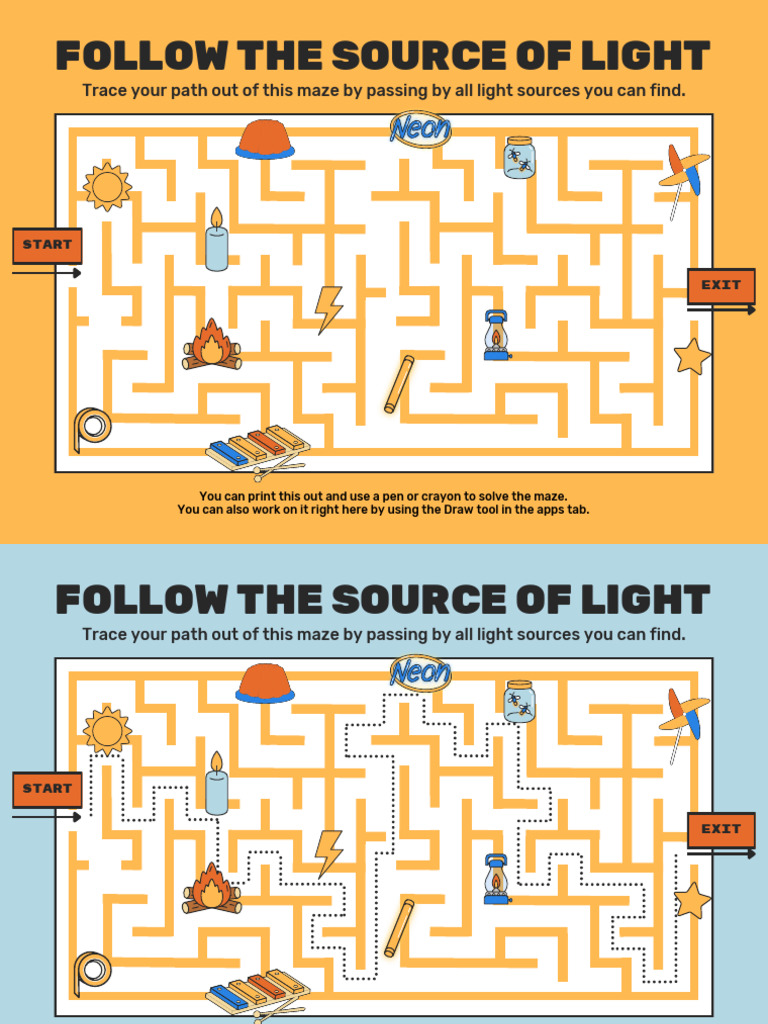 Sources of Light Maze Activity Science Worksheet in Yellow White Lined ...