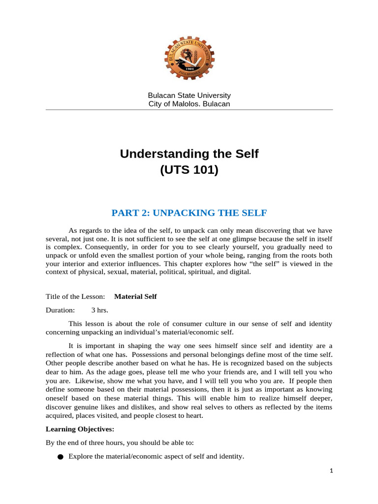 Handouts On UTS Material and Spiritual Self | PDF