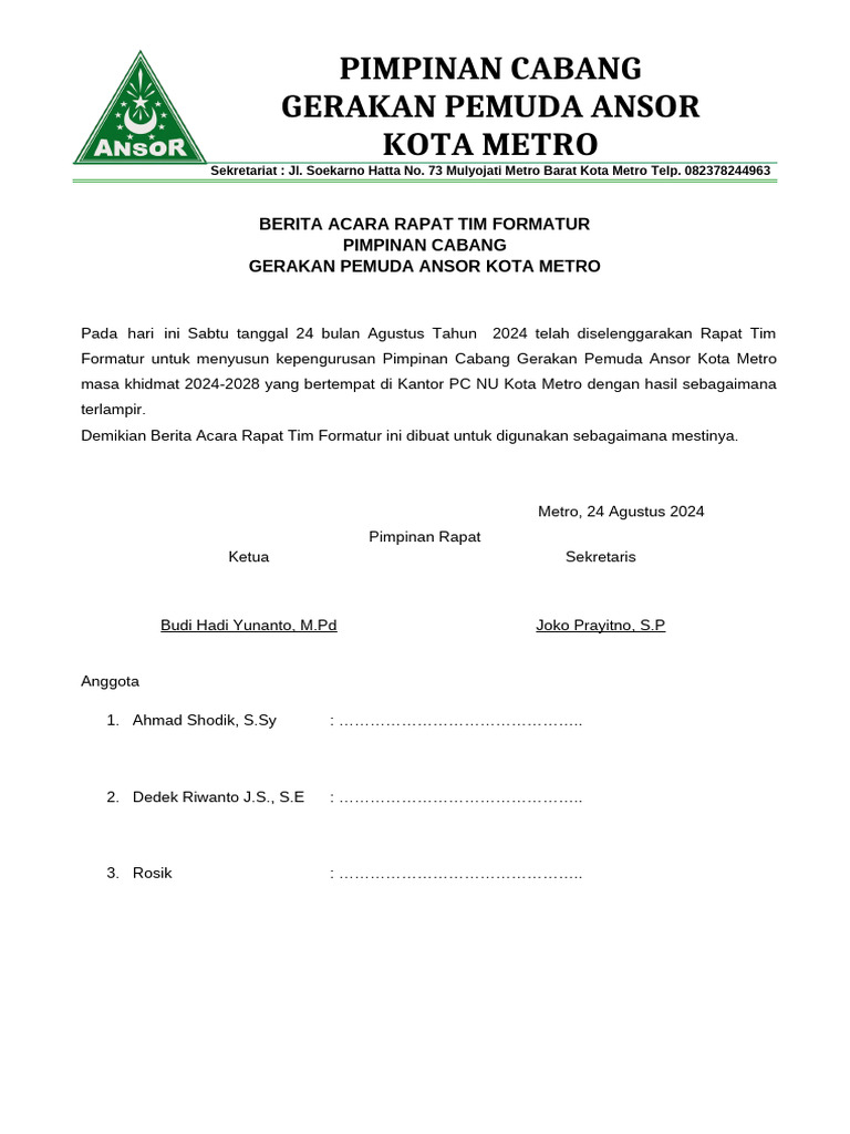 Berita Acara Konfercab Ansor Kota Metro | PDF