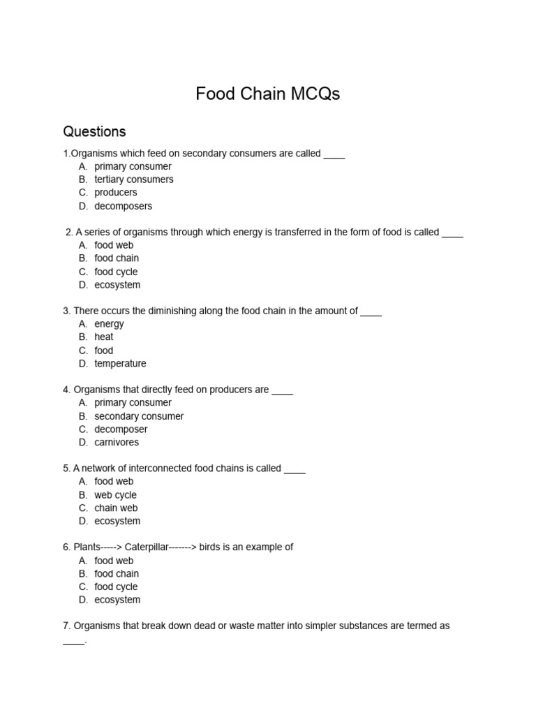 Food Chain MCQs | PDF