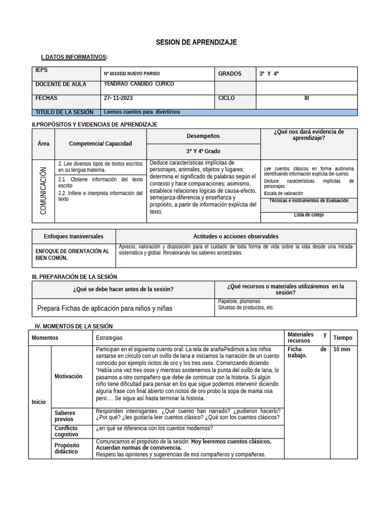 Sesion de Aprendizaje Leemos Cuentos para Divertirnos | PDF | Aprendizaje | Evaluación