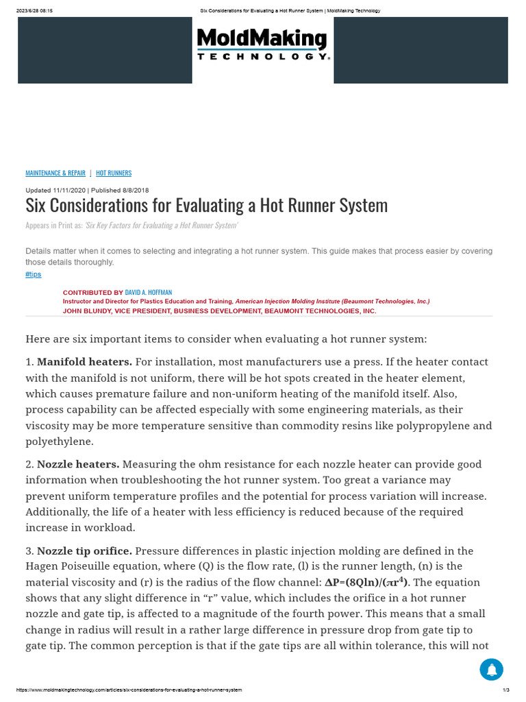 Six Considerations For Evaluating A Hot Runner System - MoldMaking TechnologyK | PDF