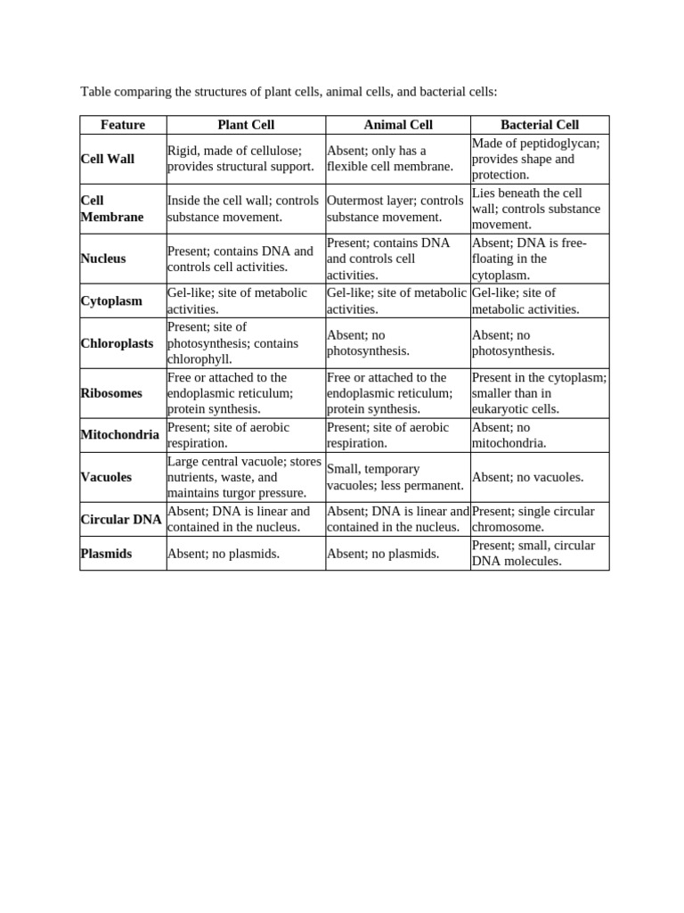 Table Comparing The Structures of Plant, Animals and Bacterial Cells ...