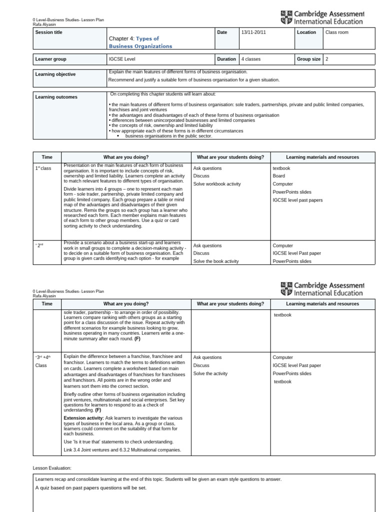 Y9 - Ch4 - Types of Business Organizations Weekly Plan | PDF